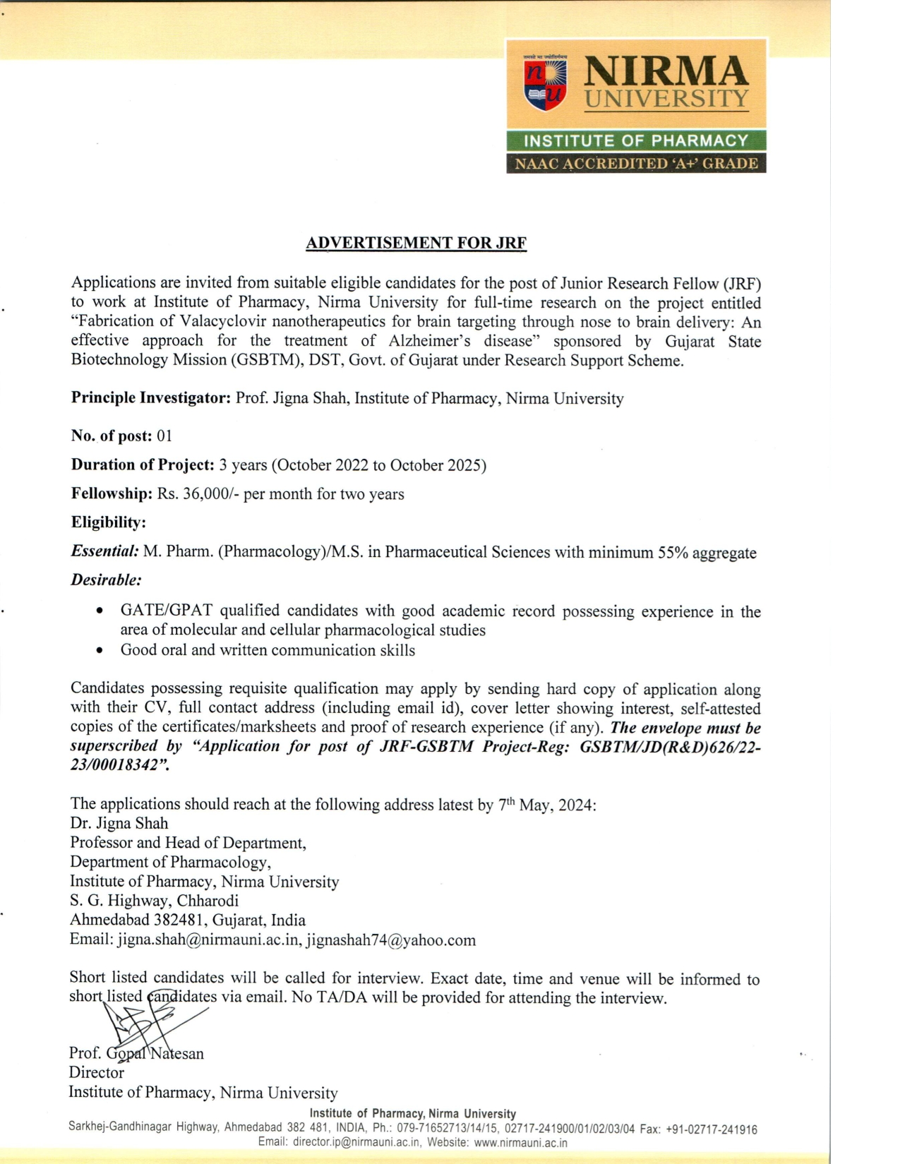 Advertisement for JRF under GSBTM Sponsored Research Project ...